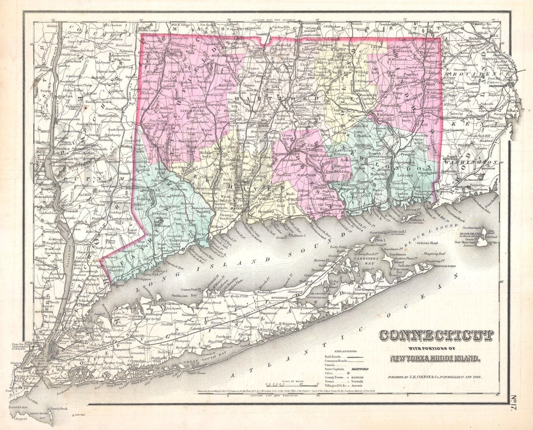 Vintage CONNECTICUT and LONG ISLAND Map - Old Map 1855 Ct and Long ...