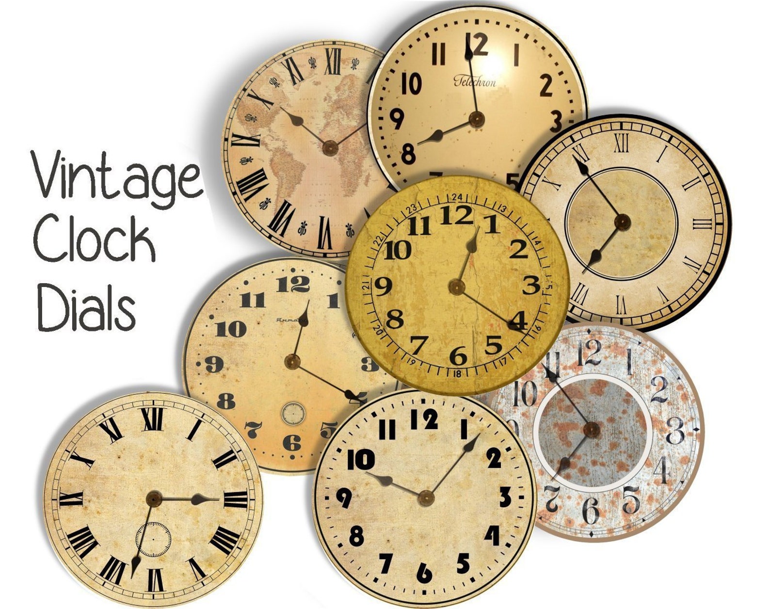 Vintage CLOCK DIAL FACES - 8 4 Inch Craft Circles - Instant Download ...