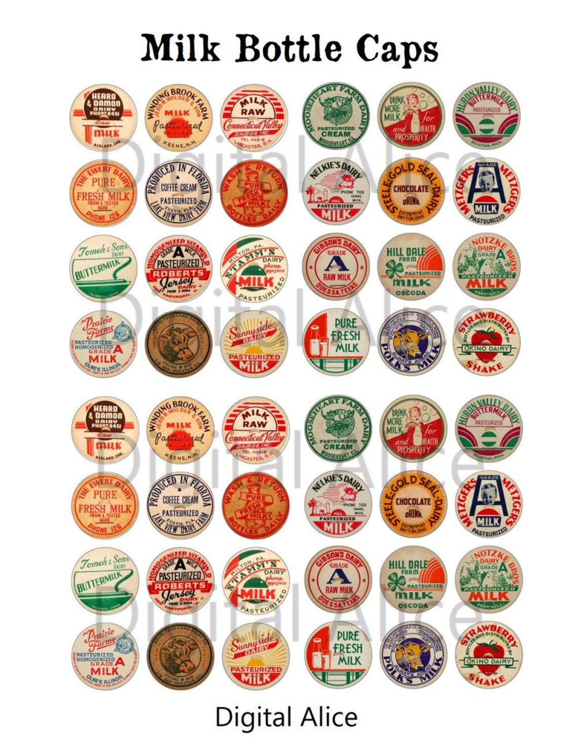 Vintage MILK BOTTLE CAP Labels Printable Craft Circles | Etsy