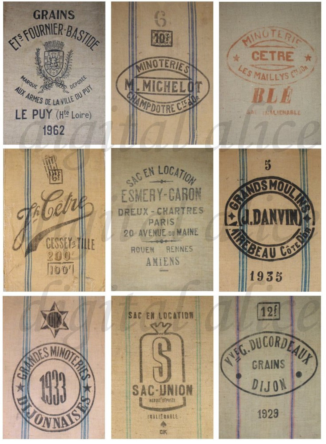 FRENCH GRAIN SACKS Feed Sacks Vintage Graphic Collage Sheet - Instant ...