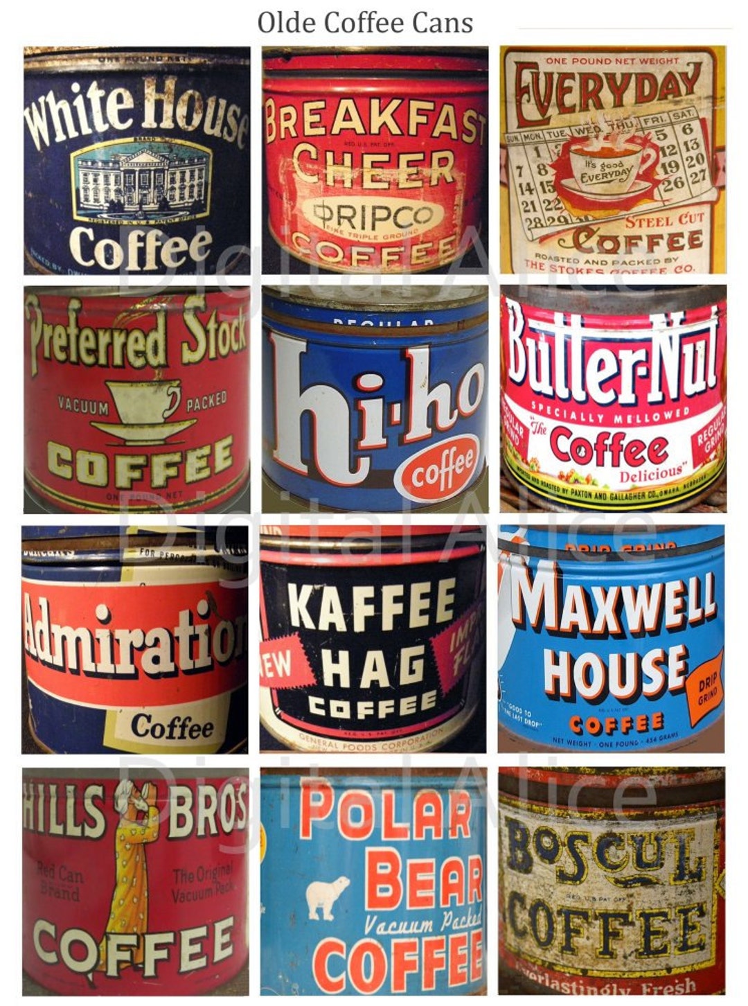 Vintage TIN COFFEE CANS Squares -instant Download Digital Printable ...