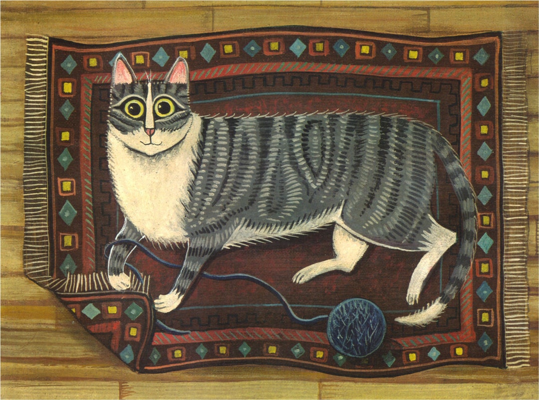 Cat FOLK ART PRINT Oriental Rug Cat Primitive Painting - Etsy