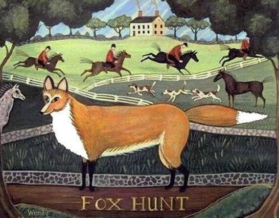 Fox Hunt FOLK ART PRINT Foxes Horses and Dogs Primitive - Etsy
