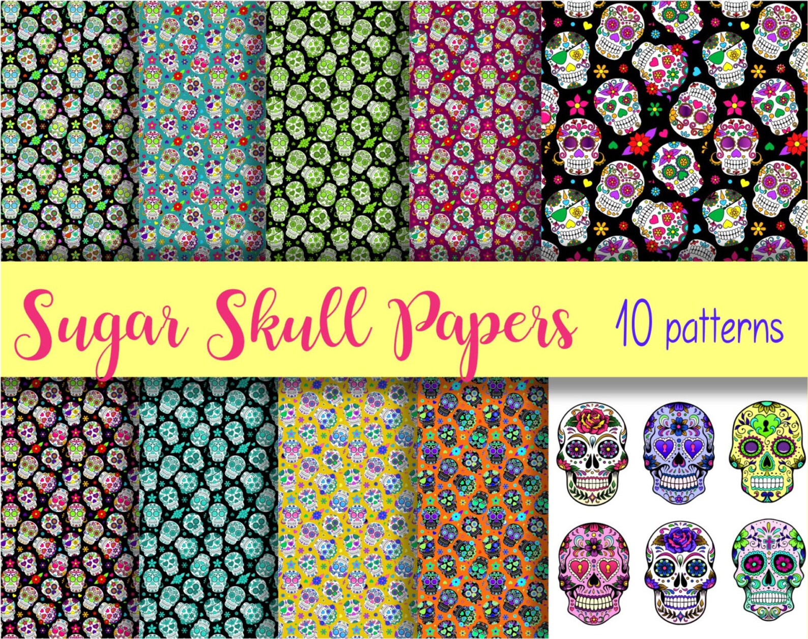 SUGAR SKULLS Digital Paper Pack - 10 Papers -instant Download Digital ...