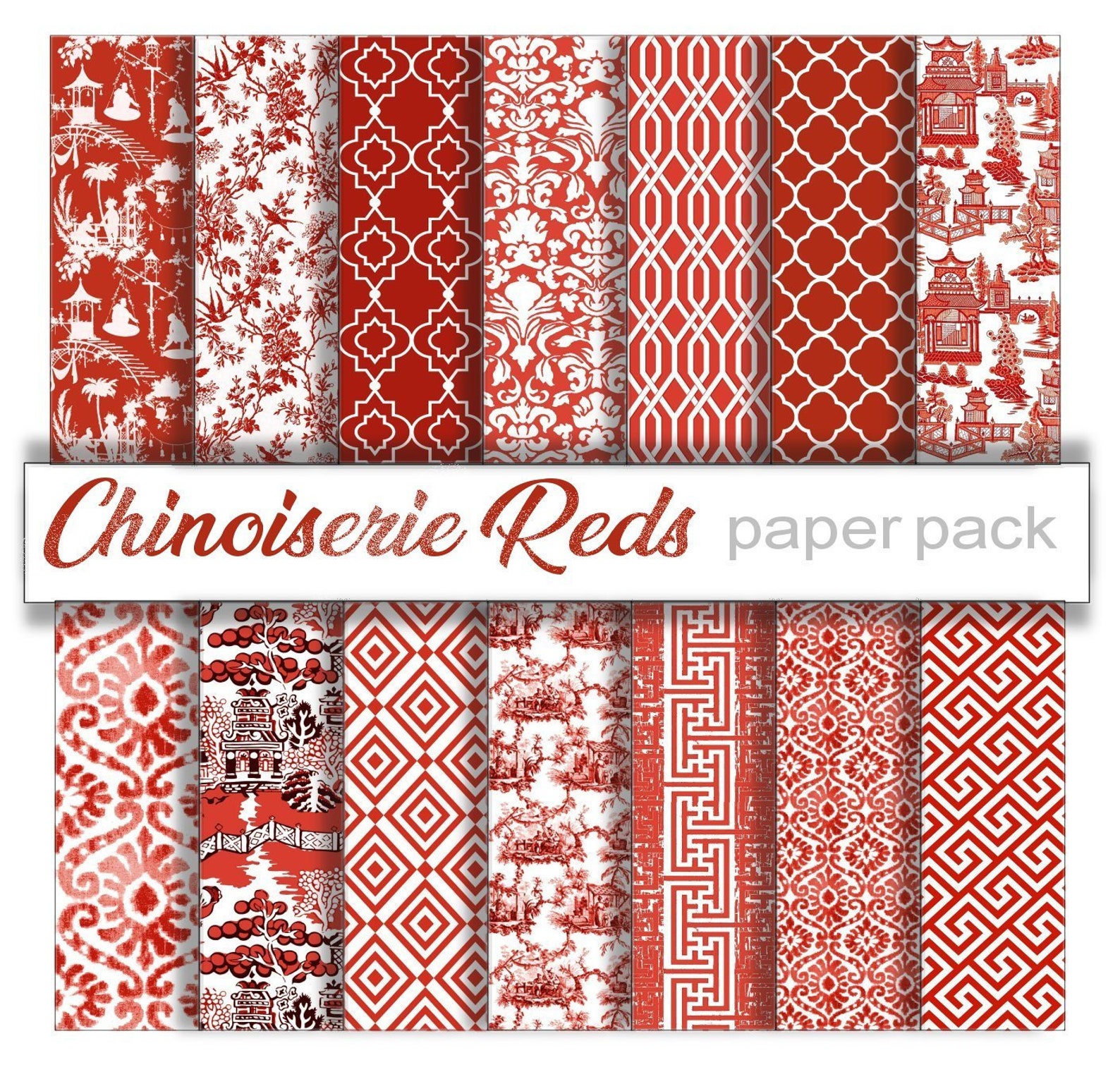 RED CHINOISERIE ORIENTAL Paper Pack- 14 Digital Papers - Asian Chinese ...