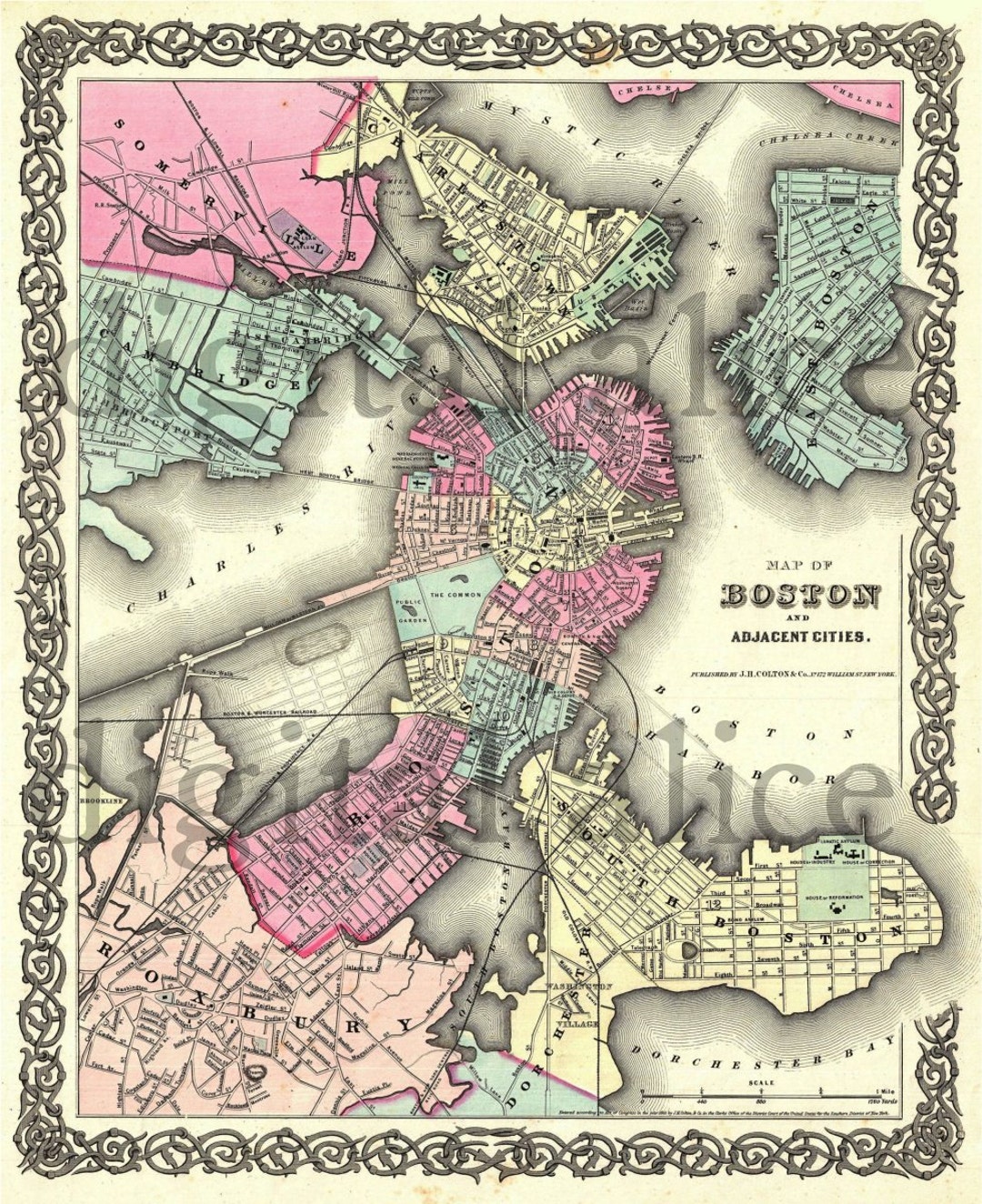 Vintage BOSTON MASSACHUSSETTS Map - Old Map 1855 Bean Town Boston ...