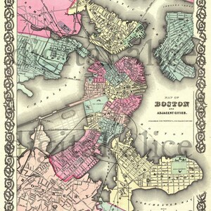 Vintage BOSTON MASSACHUSSETTS Map - Old Map 1855 Bean Town Boston ...