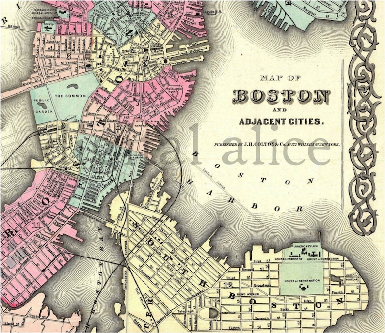 Vintage BOSTON MASSACHUSSETTS Map - Old Map 1855 Bean Town Boston ...