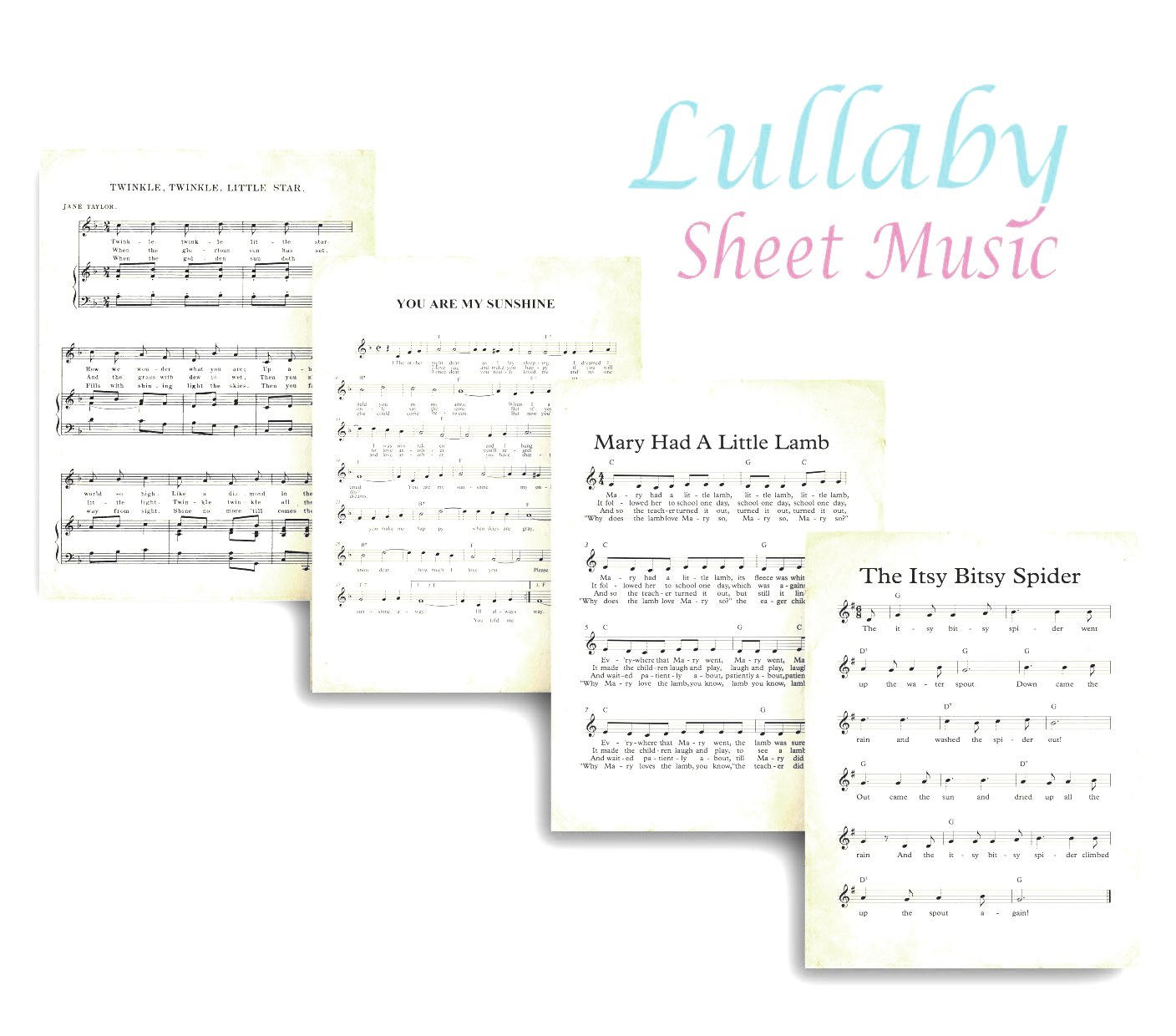 LULLABY SHEET MUSIC Plain- Digital Paper Pack - 4 Different Lullabies ...