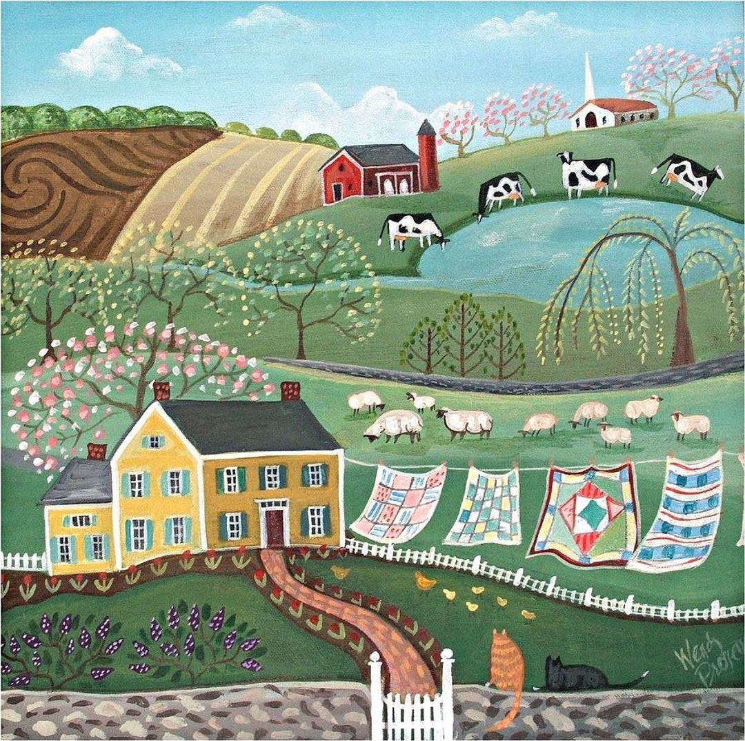 Country FOLK ART PRINT Airing the Quilts Primitive Painting Print ...