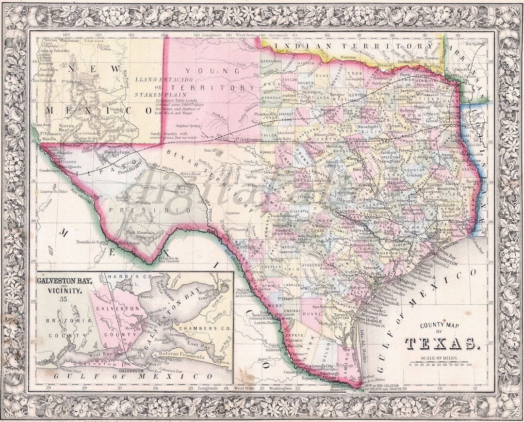 VINTAGE TEXAS MAP 1866 -instant Download Digital Printable- Texan West ...