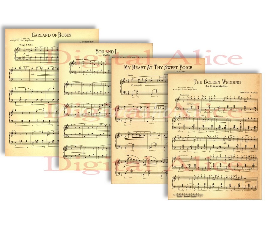 VINTAGE SHEET MUSIC - Digital Paper Pack - 4 Romantic Songs -instant ...