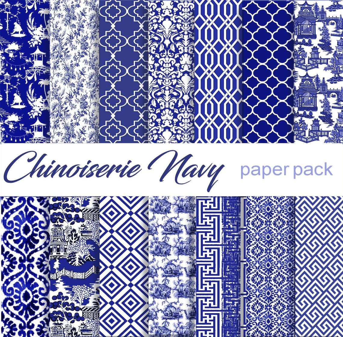 Navy BLUE CHINOISERIE ORIENTAL Paper Pack 14 Digital Papers | Etsy