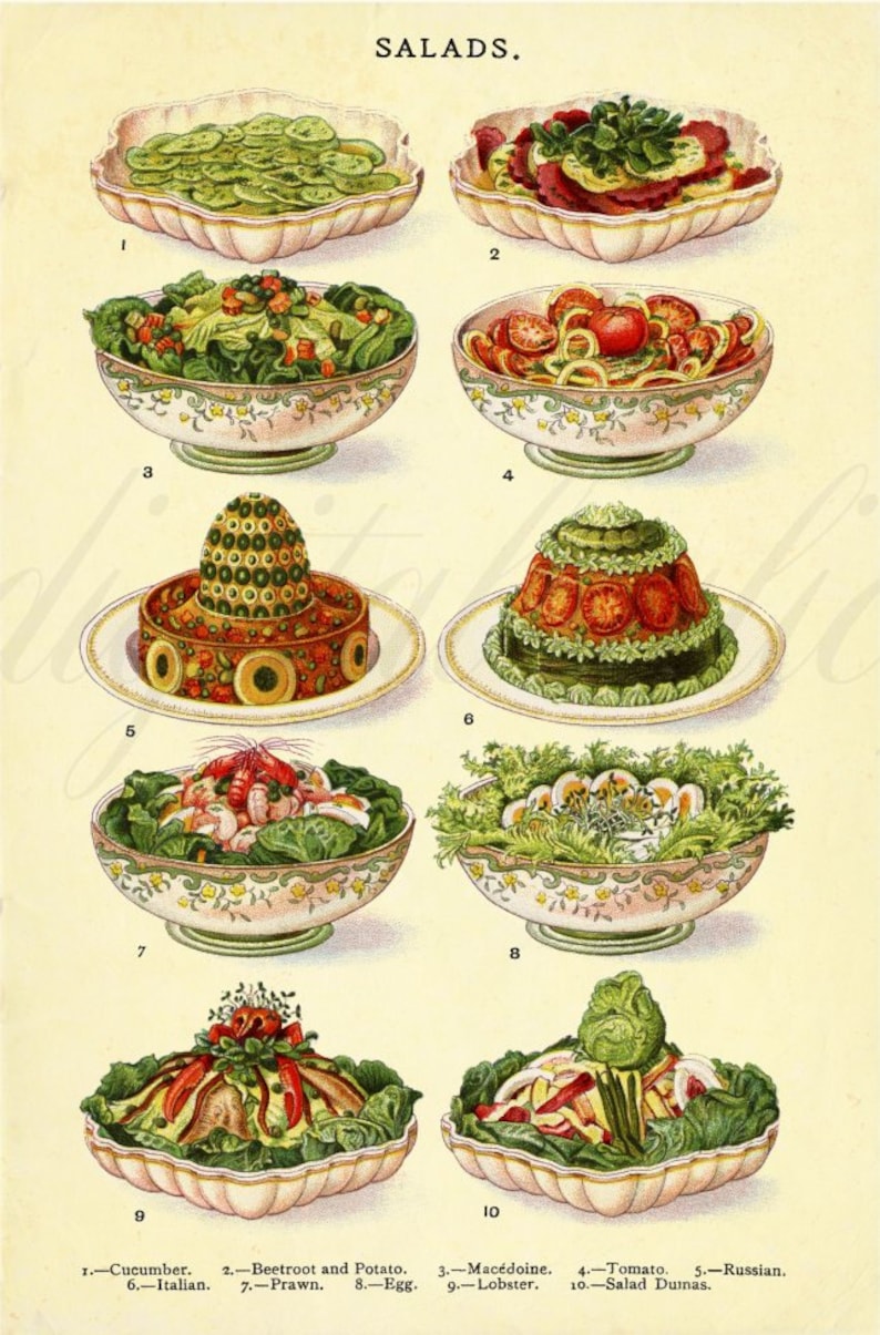 VINTAGE SALADS POSTER - Antique Mrs. B's Fancy Salads and Greens Dishes ...