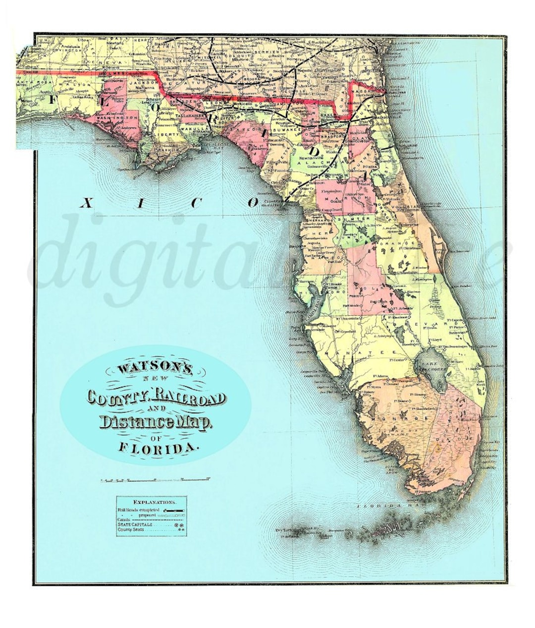 VINTAGE FLORIDA MAP 1885 -instant Download Digital Printable- - 8 X 10 ...