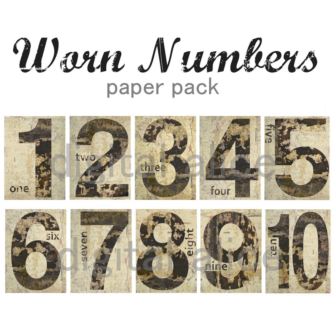 Worn FARMHOUSE NUMBERS Paper Pack Download - 1-10 Vintage House Number ...