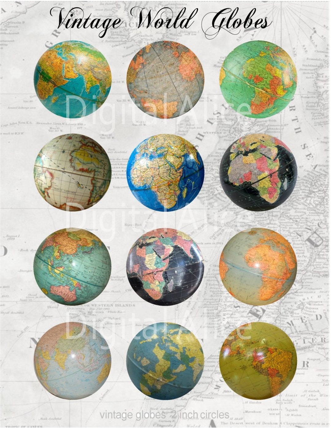 Vintage World Globes - Printable Atlas Circles Collage Sheet (digital ...