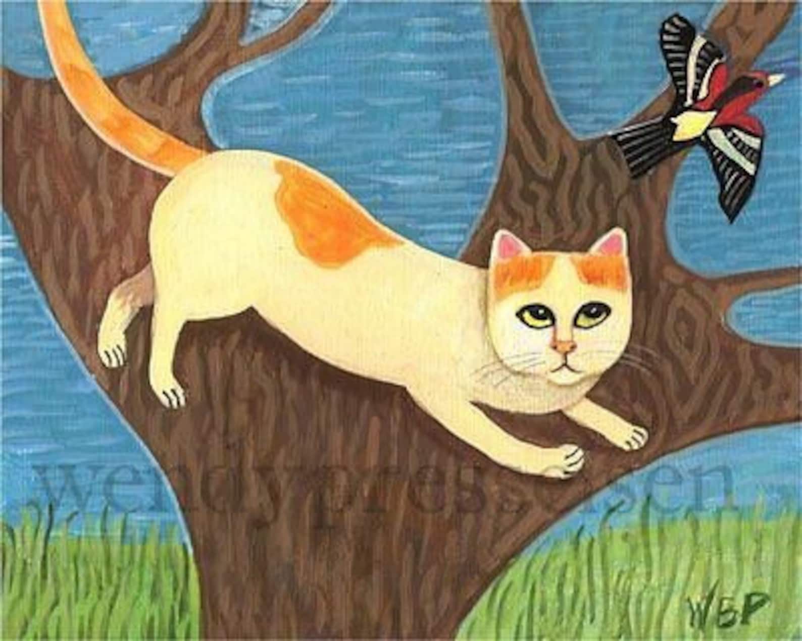 Cat FOLK ART PRINT Bird Cat Primitive Painting Print Signed Wendy ...