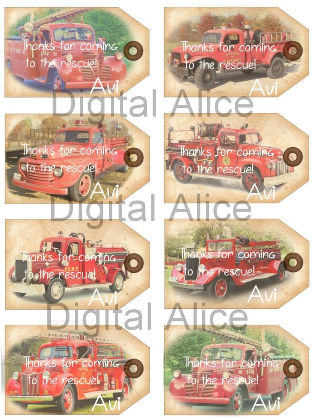 Custom Vintage FIRE TRUCK Tags - Instant Download Digital Printable ...