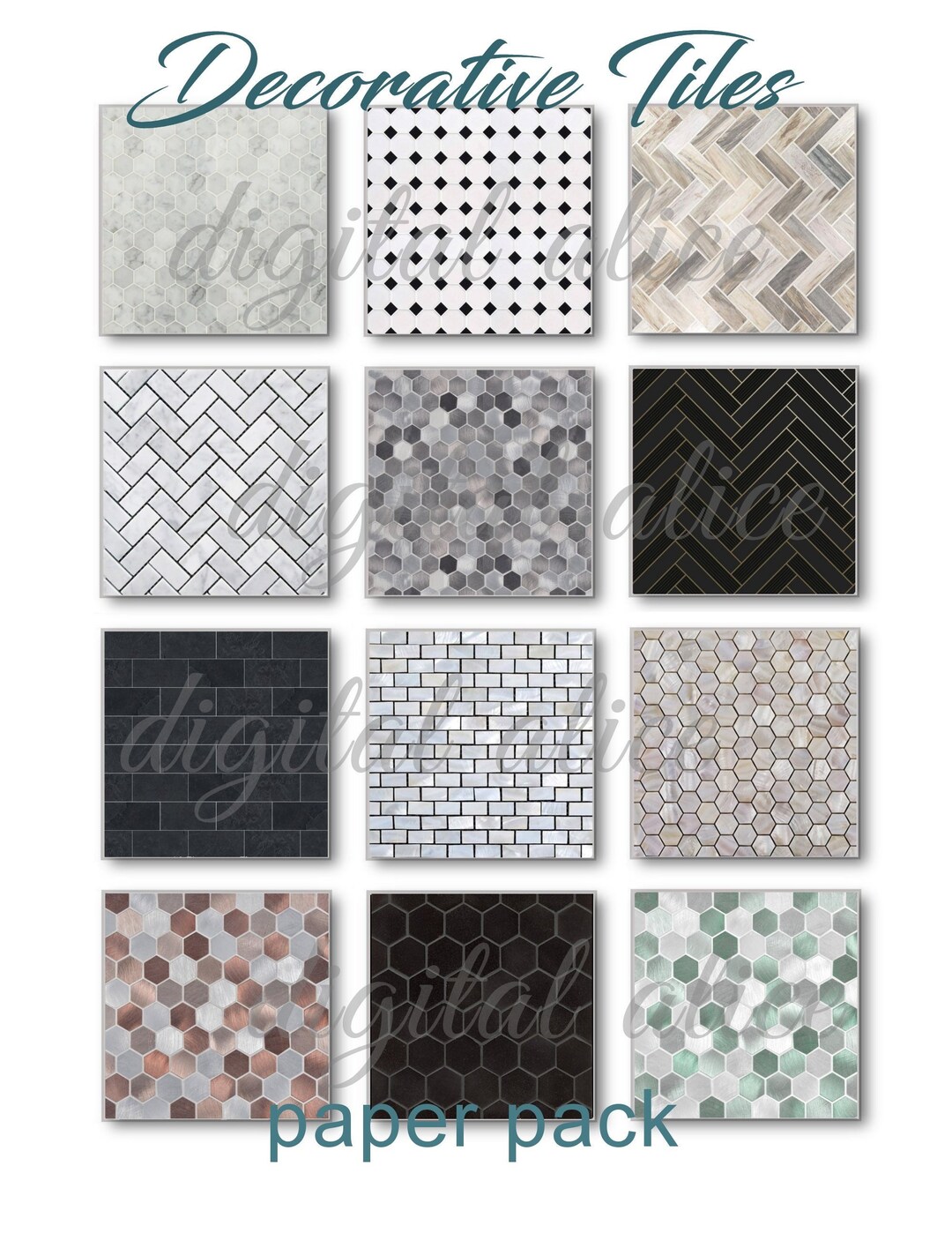 DECORATIVE TILES - Printable Digital Paper Pack -12 Marble, Metal ...