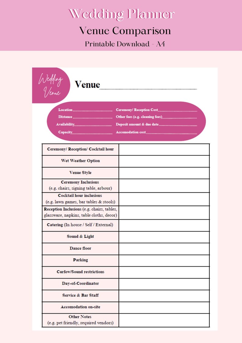 Printable Wedding Venue Comparison & Wedding Planning Checklist - Etsy
