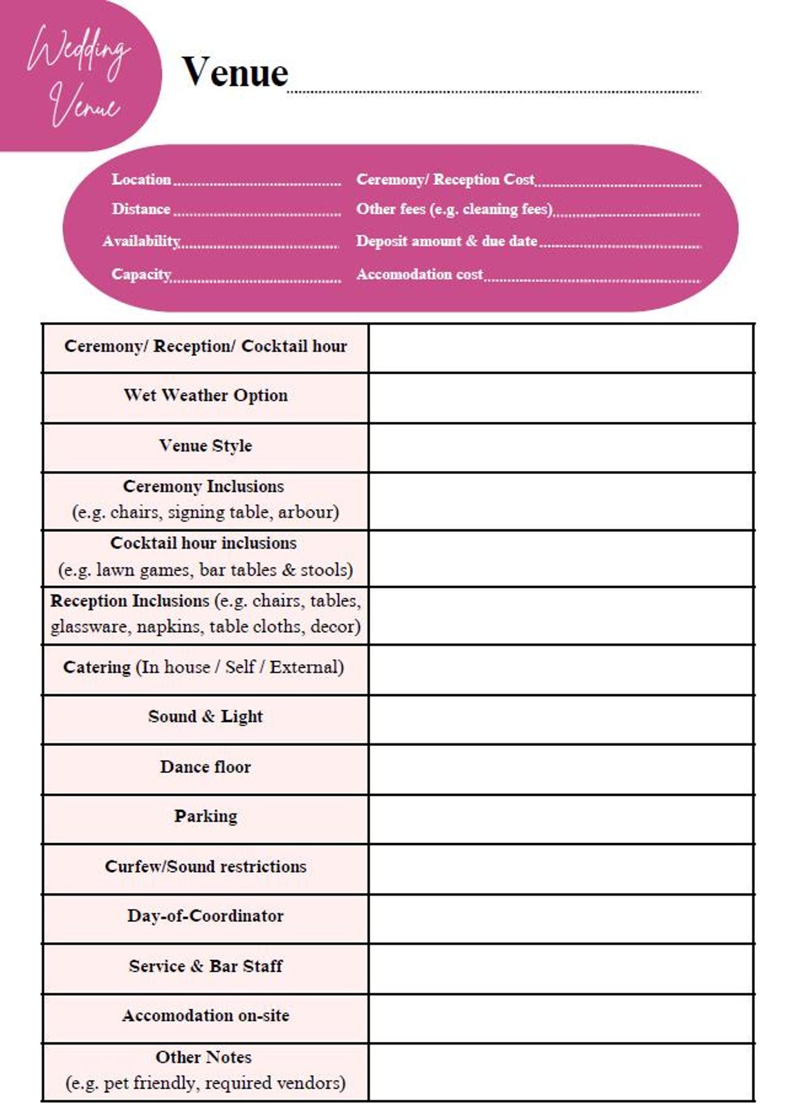 Printable Wedding Venue Comparison & Wedding Planning Checklist - Etsy