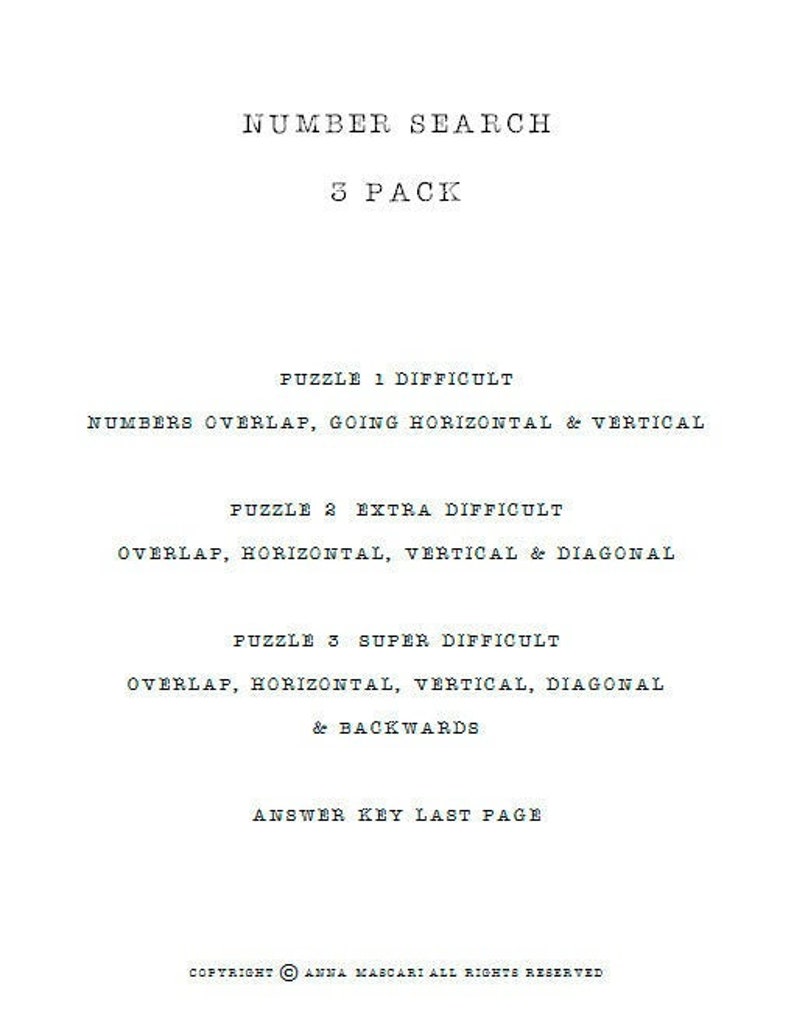 Printable Number Search Puzzle Pack - 3 Skill Levels - Etsy