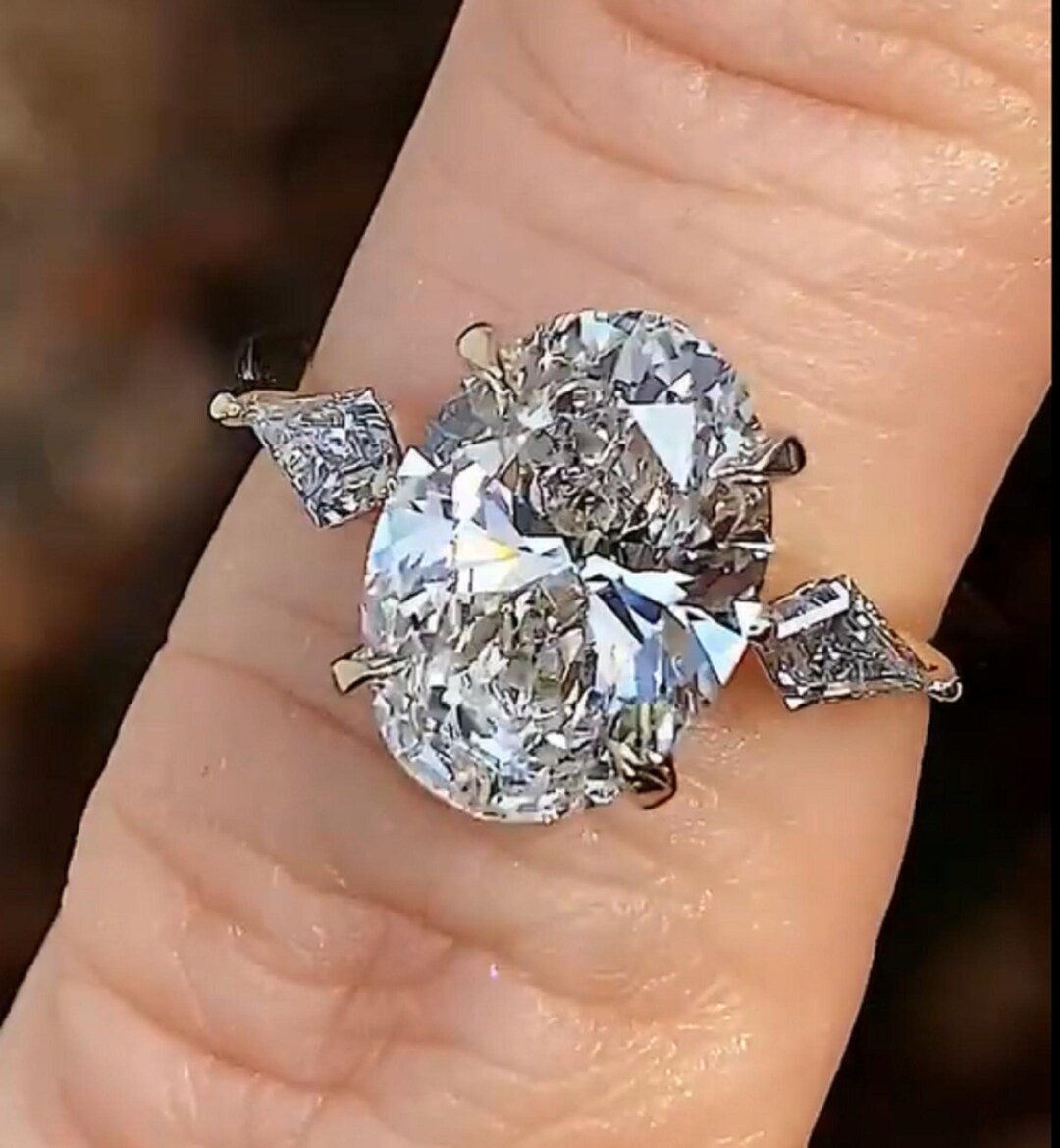 Oval Moissanite Engagement Ring: Kite Cut Accents, Knife Edge Band - Etsy