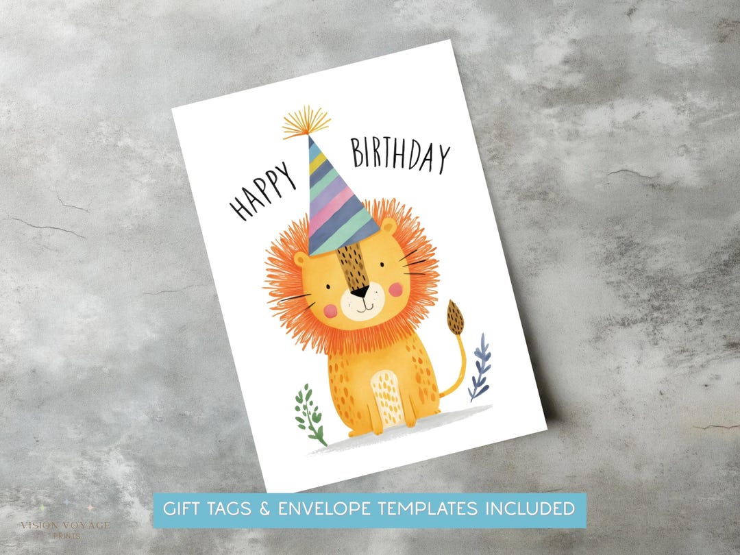 Cute Lion Happy Birthday Printable Card With Matching Gift Tags and ...
