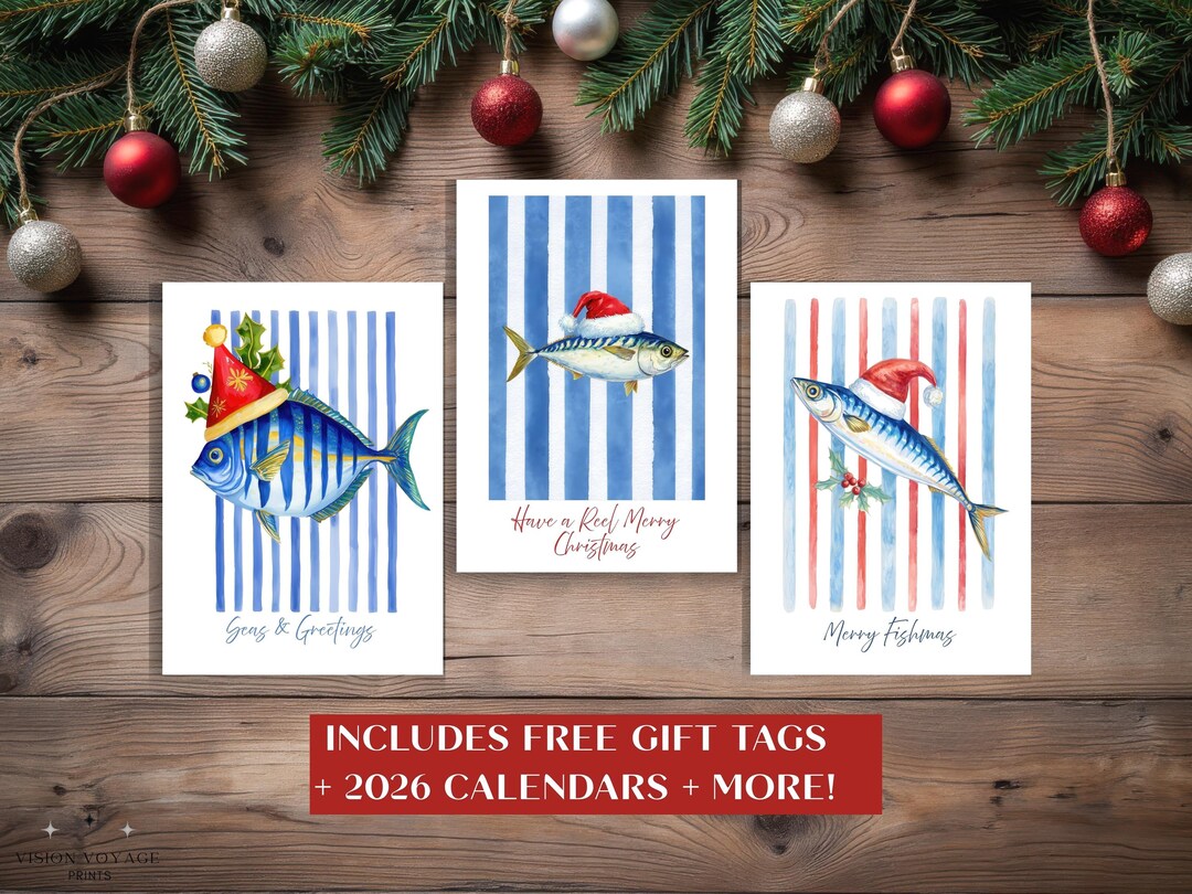 Watercolor Santa Fish Christmas Cards, Coastal Puns (digital Download ...