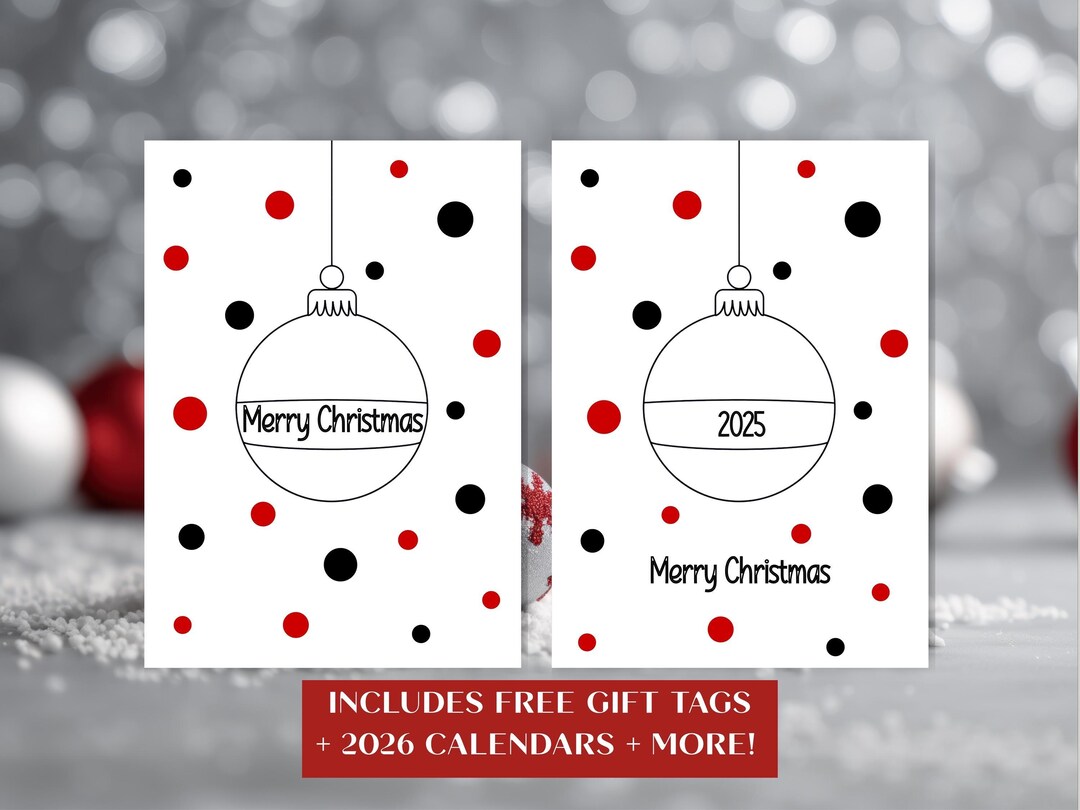 Red & Black Printable Christmas Cards Set, Modern Minimalist Xmas ...