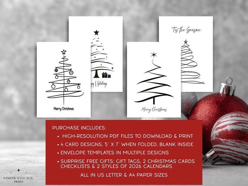Minimalist Christmas Cards Set: Black One-line Trees, Gift Tags ...