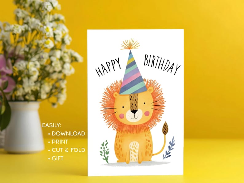 Cute Lion Happy Birthday Printable Card With Matching Gift Tags and ...