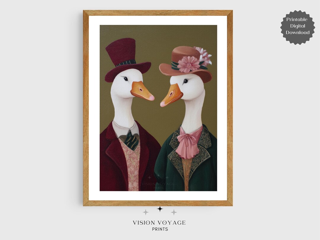 Victorian Goose Couple Wall Art: Whimsical Animal Portrait, Romantic ...