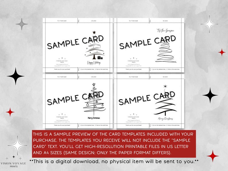 Minimalist Christmas Cards Set: Black One-line Trees, Gift Tags ...