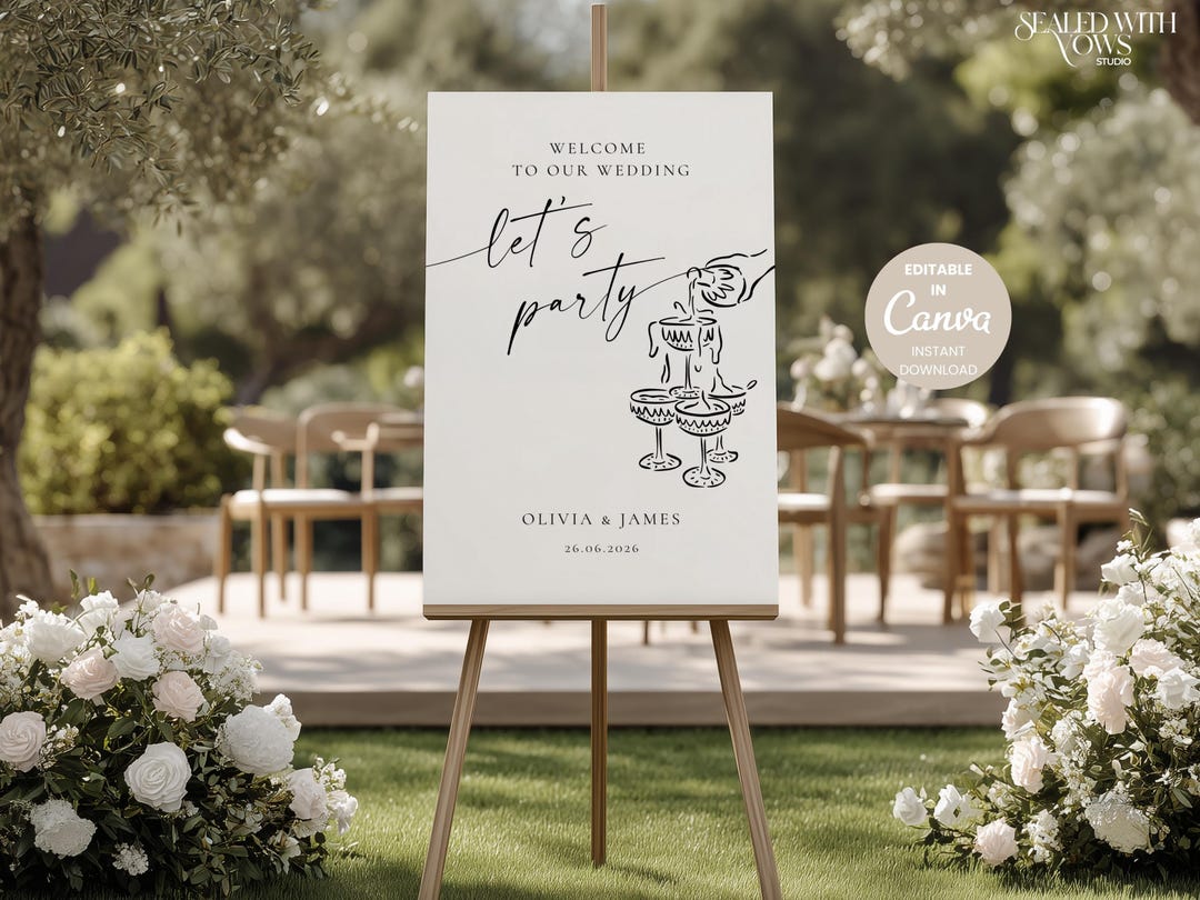 Let’s Party Wedding Welcome Sign Template | Champagne Tower Wedding ...