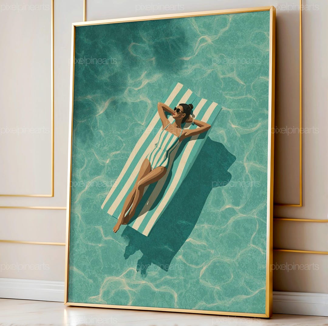 Minimal Summer Pool Illustration Print, Woman on Float Art, Modern Vacation Wall Decor, Coastal ...