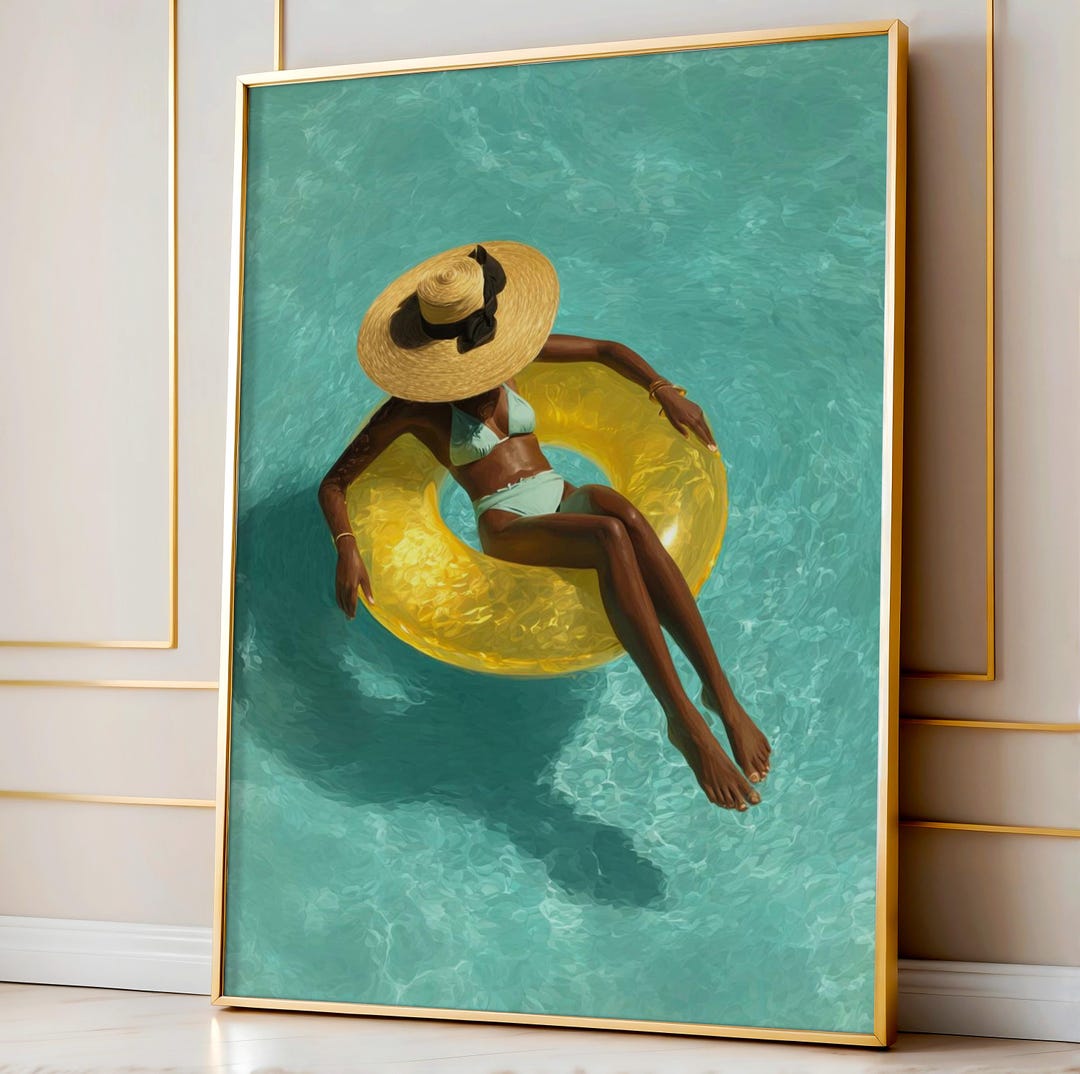 Yellow Pool Float Wall Art - Black Woman in Swimsuit Digital Painting ...