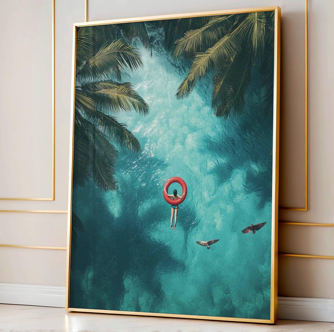 Swimming Pool Wall Art, Girl Floating in Water Digital Print, Palm Tree ...