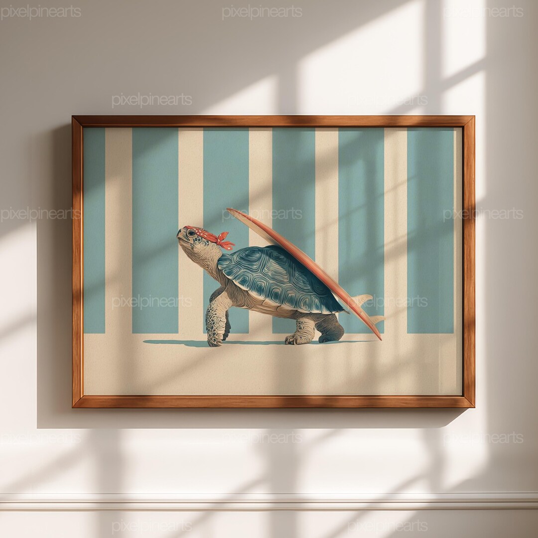 Surfing Sea Turtle Coastal Wall Decor | Retro Beach Animal Illustration ...