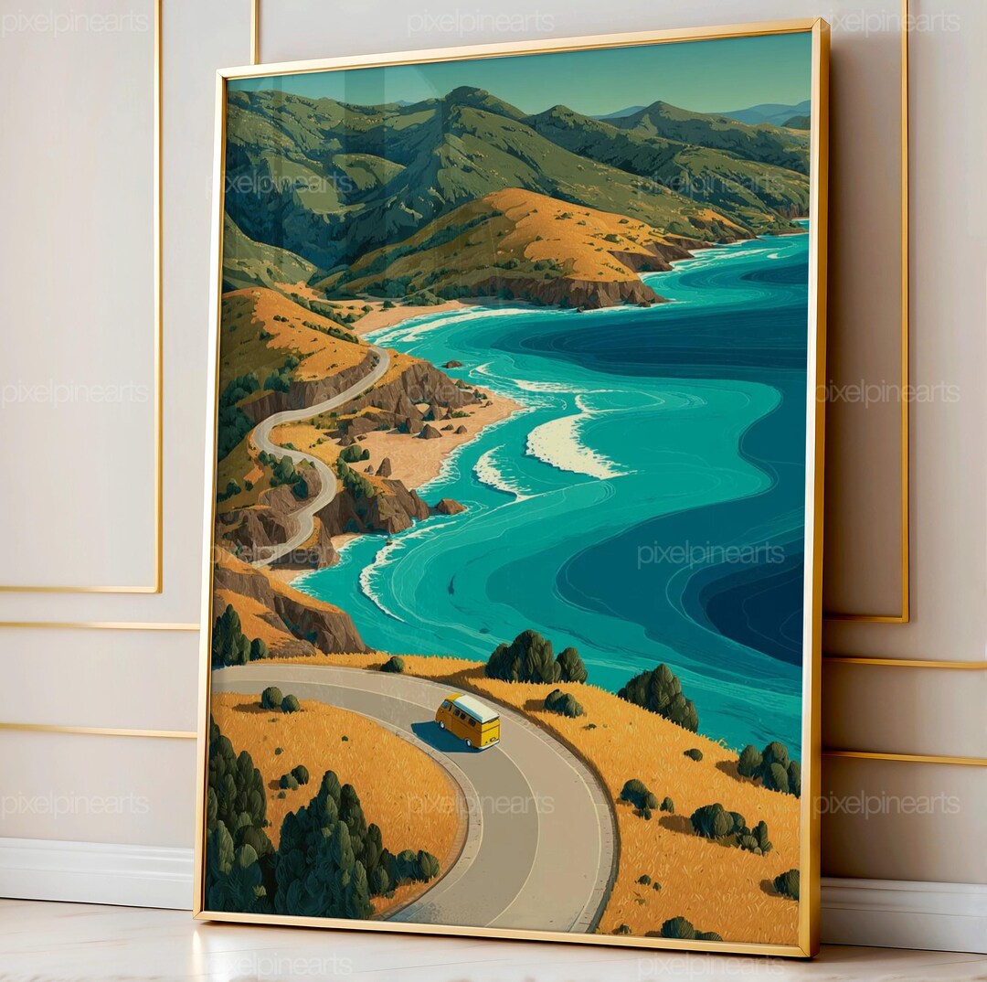 Surreal Coastal Road Trip Aerial Art, Whimsical Tiny Car Ocean View ...