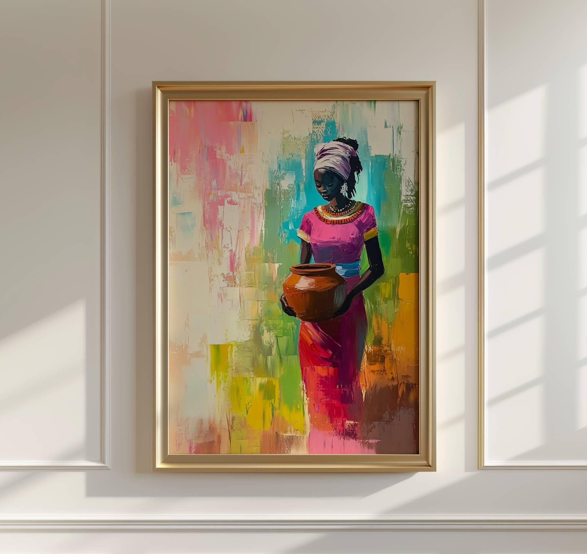 African Water Carrier Art Print, Black Woman With Pot, Afro Boho ...