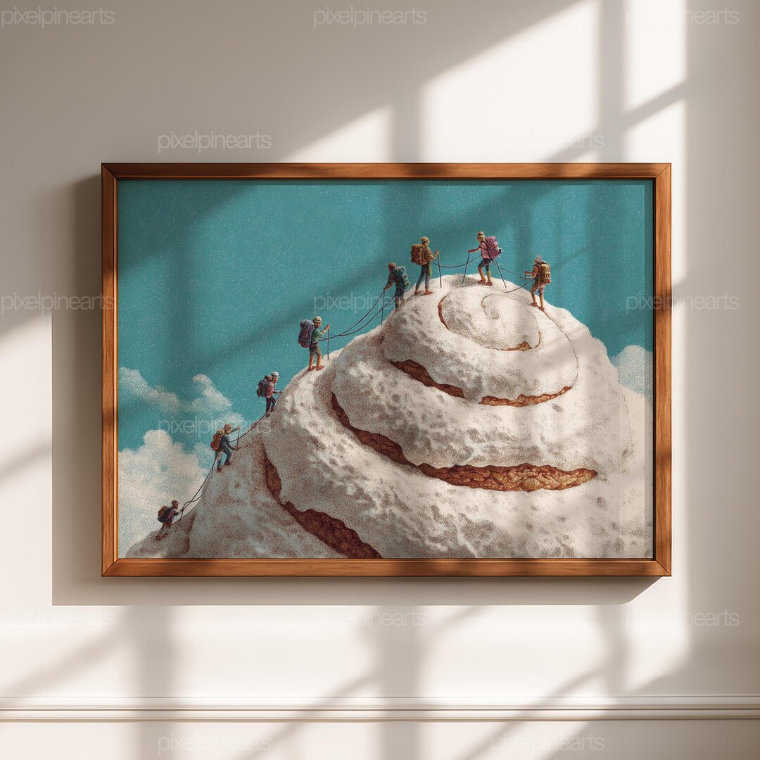 Giant Cinnamon Roll Mountain Poster, Surreal Bakery Landscape With Tiny ...
