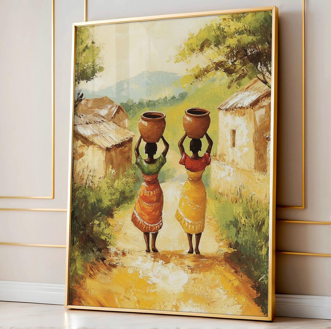 African Women Print: Afrocentric Village Scene, Earth Tones (digital ...