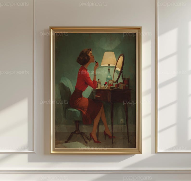 Vintage Vanity Woman Print | Ruby Red Retro Fashion Poster | Mid ...