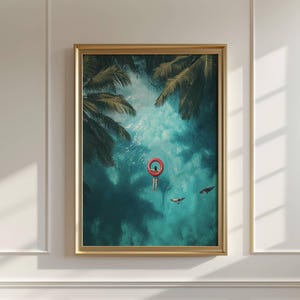 Swimming Pool Wall Art, Girl Floating in Water Digital Print, Palm Tree ...