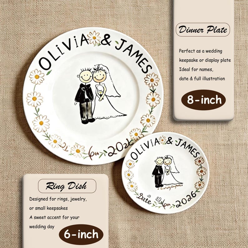 Personalized Hand Painted Wedding Plate & Ring Dish Set, Custom Ceramic ...