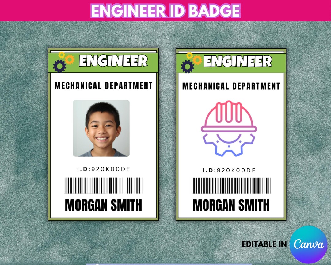 Editable Engineer ID Badge Template, Printable Name Tag, Custom Work ID ...
