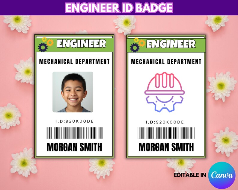 Editable Engineer ID Badge Template, Printable Name Tag, Custom Work ID ...