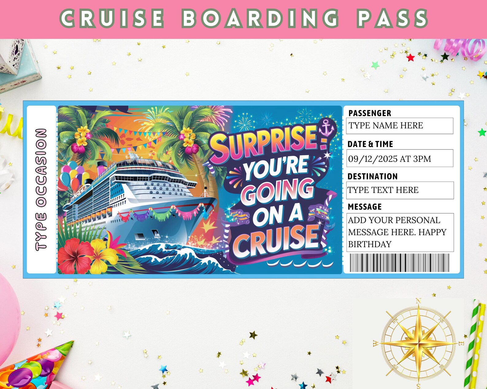 Editable Cruise Ticket Template: DIY Surprise Vacation Boarding Pass ...